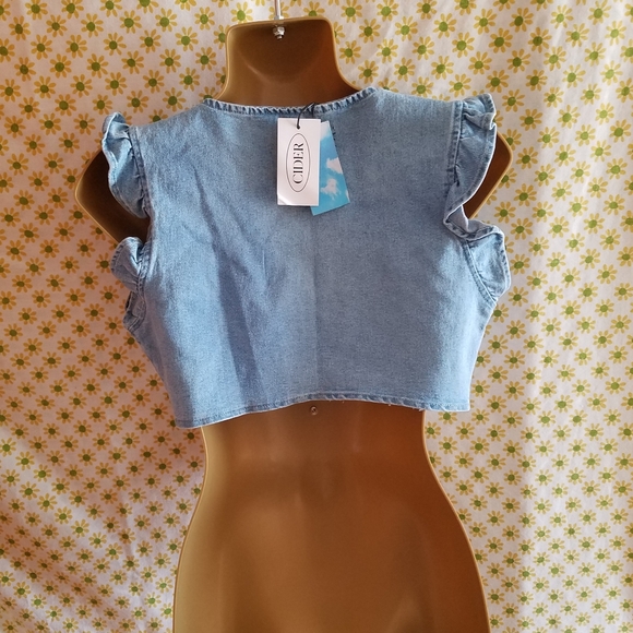 Cider | Tops | New With Tags Cider Blue Denim Ruffle Sleeves Tie Crop ...